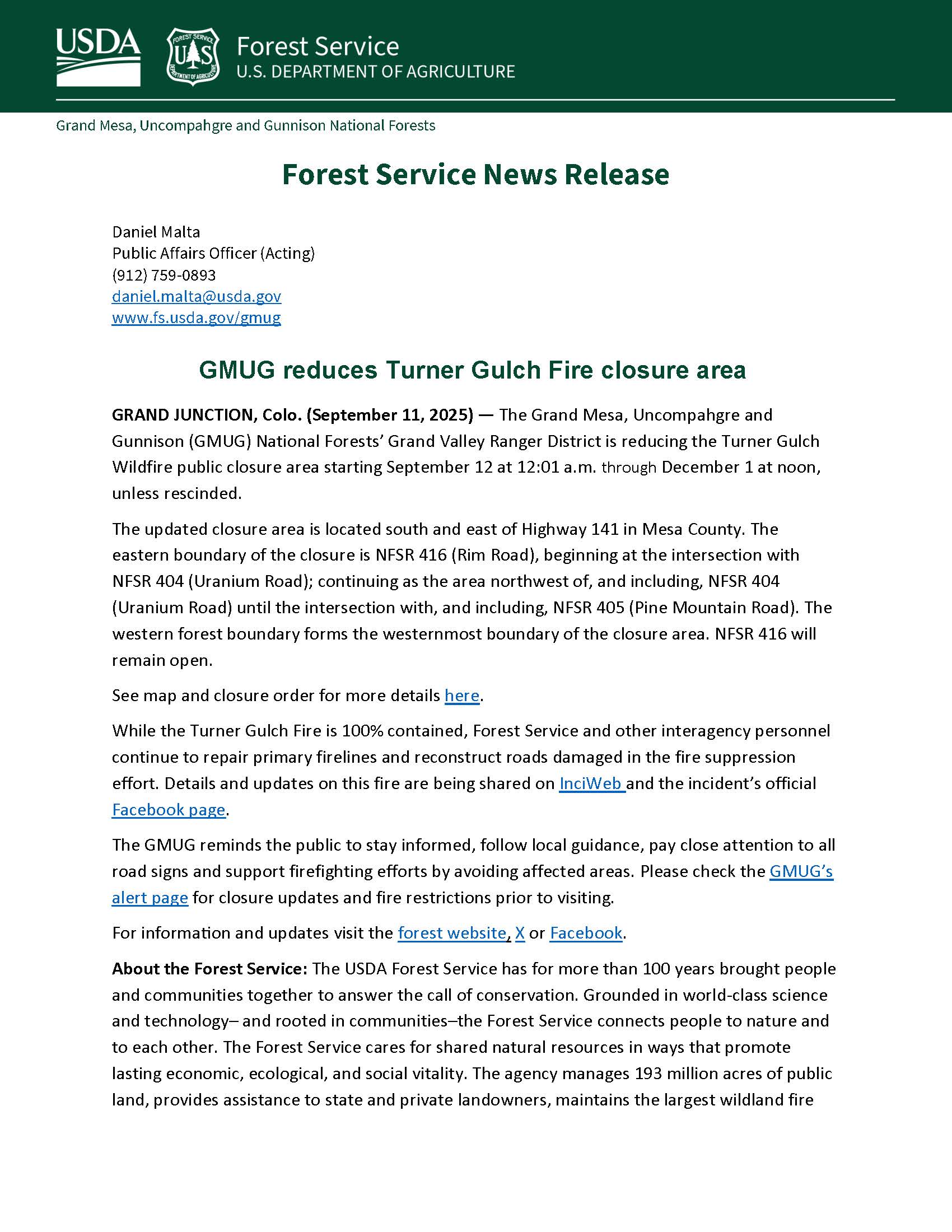 GMUG reduces Turner Gulch Fire closure areaGRAND - West Slope Fire Info